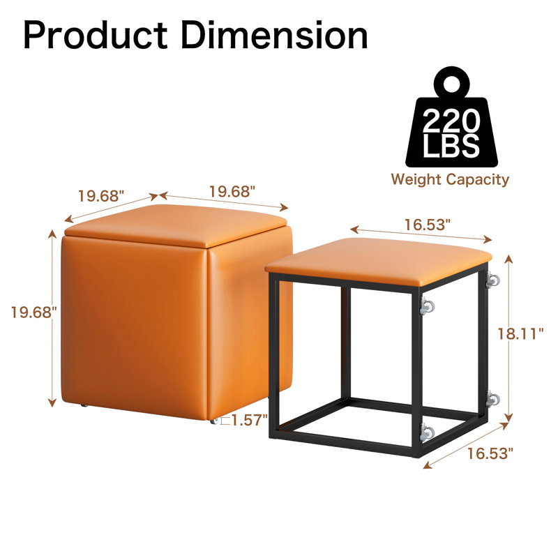 5 in 1 Nesting Square Upholstered Ottoman Cube Chair Stackable Stools Faux Leather Pouf With Swivel Casters For Living Room Dining Room Bedroom